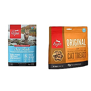 ORIJEN® Dry Cat Food, Grain Free, Premium, High Protein, Fresh & Raw Animal Ingredients, Six Fish, 12lb Freeze Dried Cat Treats, Original, 1.25oz