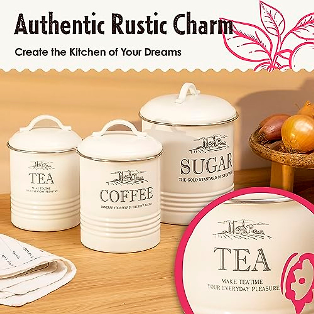 noonberry Kitchen Canisters for Countertop - Set of 3 - Airtight Coffee Tea Sugar Container Set - Country Rustic Farmhouse Canisters Sets for the Kitchen