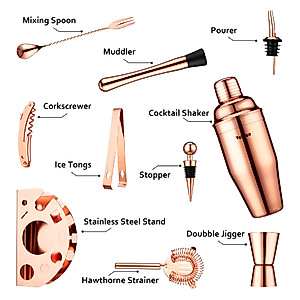 Velaze Cocktail Shaker Set, 10 Pieces Stainless Steel Bar Tools - Bottle Opener, Pour Spouts, Measuring Jigger and Wine Stopper, Champagne Martini Shaker Sets (Rose Gold)