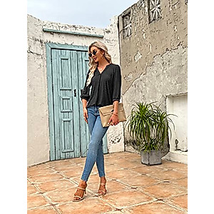 FMEYOA Women's 3/4 Sleeve Tops Eyelet Dressy Casual V Neck Blouses T Shirts(Black,X-Large)