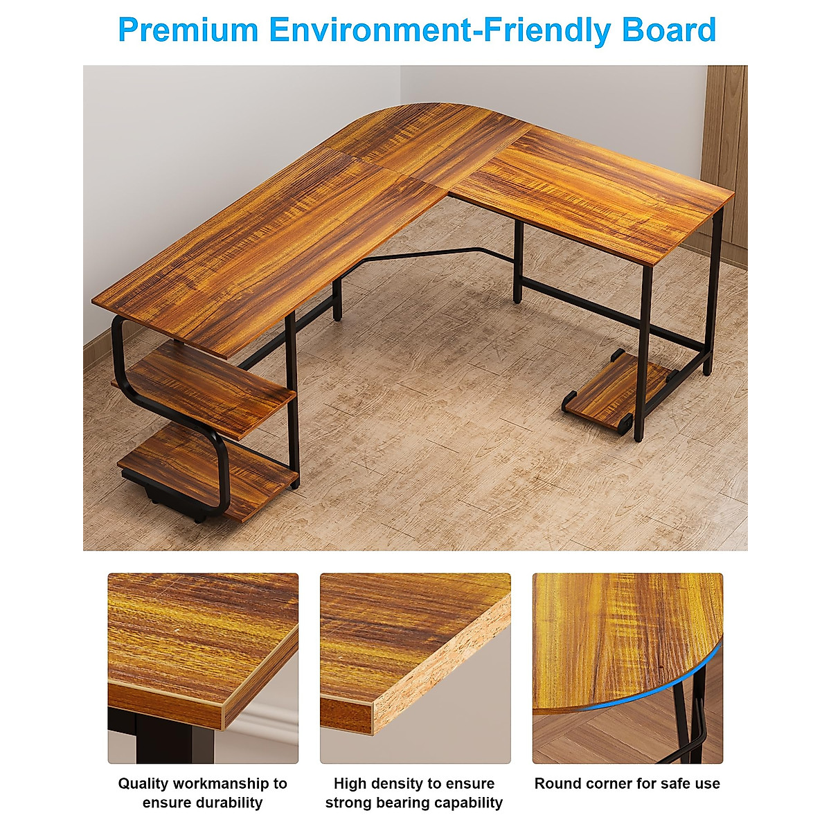 Teraves Reversible L Shaped Desk with Large Surface, 61 Inch Sturdy Corner Desk with Storage Shelves, Premium Office Computer Desk Workstation for Home Office Gaming