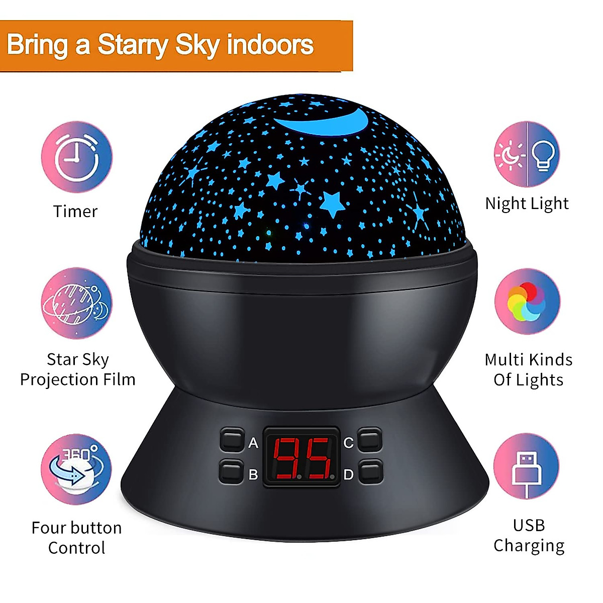 DSTANA Star Projector Night Lights for Kids, Starry Night Light with Timer, 360 Degree Moon Star Ceiling Lamp for Baby Bedroom Decor, Birthday Gifts Toy for 3 to 12 Year Old Girls Boys