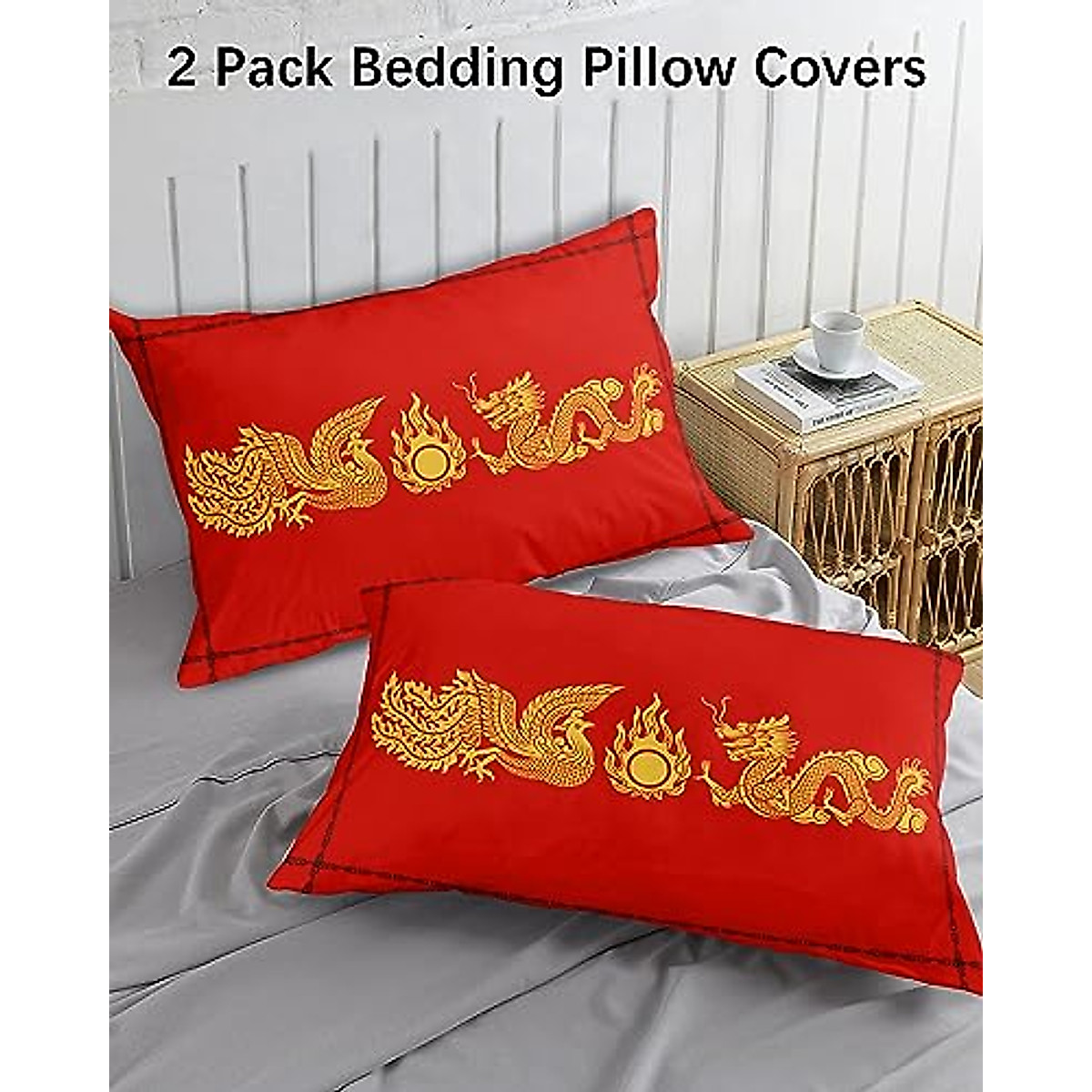 Edwiinsa Oriental Dragon Pillow Covers King Standard Set of 2 Bed Pillow, Plush Soft Comfort for Hair/Skin Cooling Pillowcases with Envelop Closure 20x36 Inches Traditional Chinese Happy New Year Red