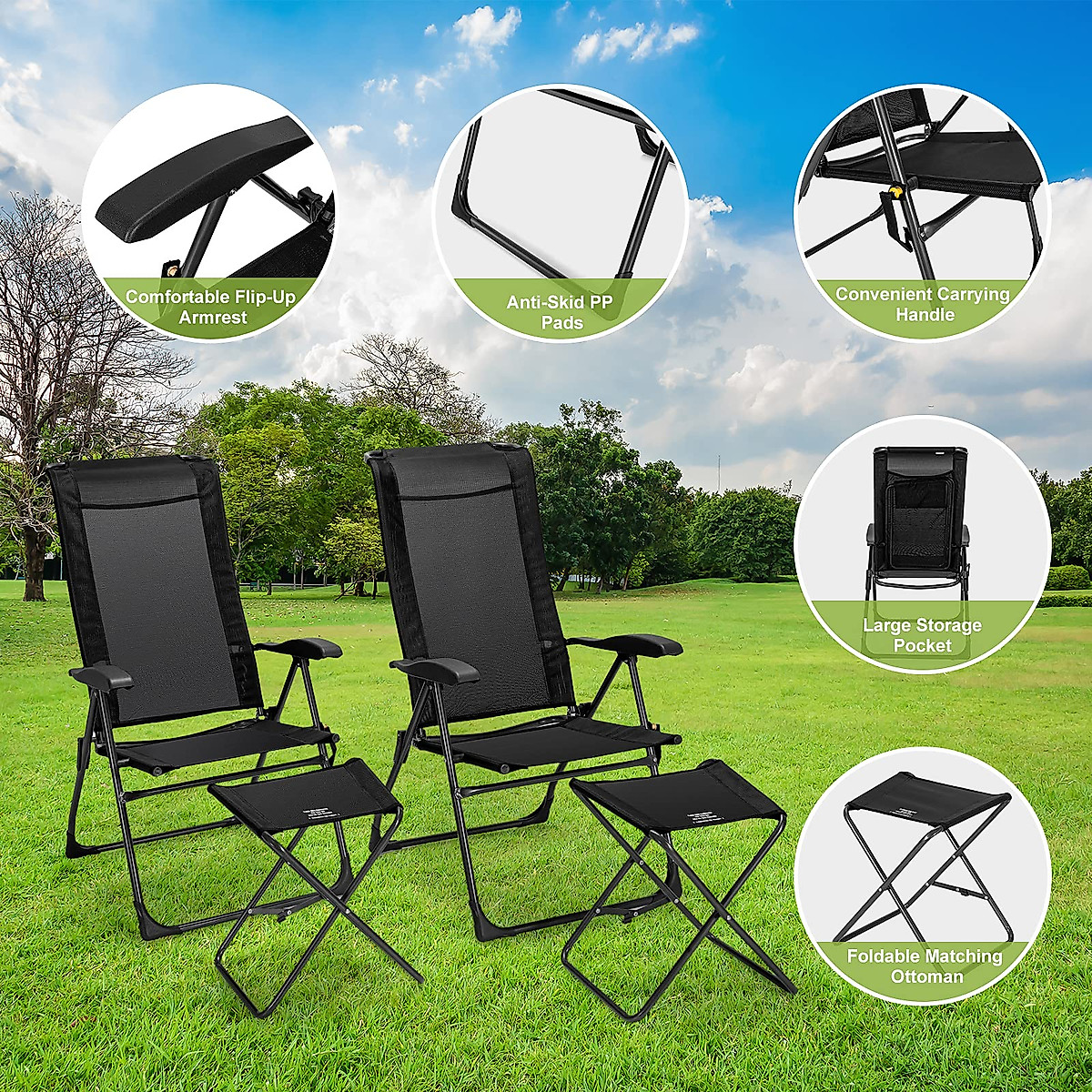 Giantex 4 Pcs Folding Patio Chairs Set 2 Pack Patio Dining Chairs with Footrest Portable Sling Chairs Camping Lawn Chairs with Adjustable Back Outdoor Bistro Chairs for Porch Garden Yard Pool
