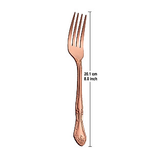 Matte Rose Gold Dinner Forks, FULLYWARE Stainless Steel Satin Finish Forks Silverware Table Fork Set of 6, Rose Pattern Design, Dishwasher Safe
