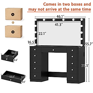 Vanity Desk with Power Outlet, Makeup Vanity with Mirror and 14 LED Lights, 3 Lighting Mode,11 Drawers Vanity Table with 2 Sliding Jewelry Storage, Glass Top, Specular Surface (Black)