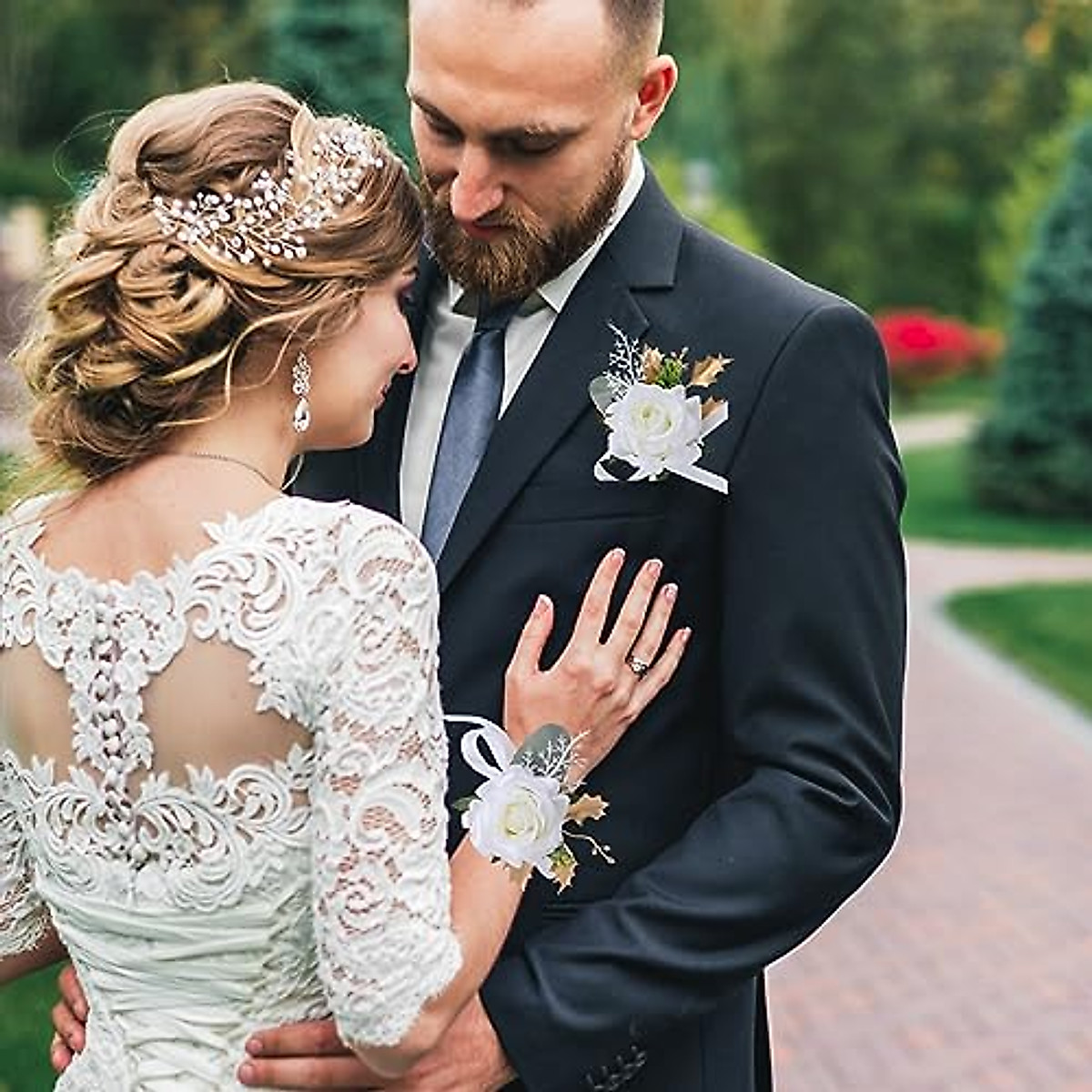 Spirit Up Art 2Pcs Ivory White Rose Wrist Corsage and Boutonnieres Set Groom Groomsman Corsages Bridal Girls Artificial Wristlet Flower for Wedding Ceremony Anniversary Formal Dinner Party Prom Decor