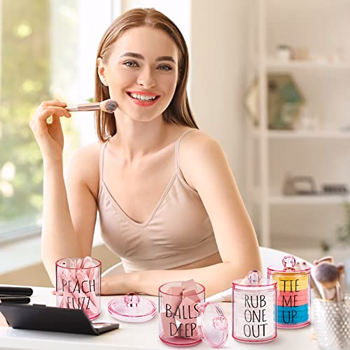 4 Pack Qtip Holder Dispenser with Lids and Labels - 10 oz Apothecary Jars Bathroom Vanity Canister Organizer for Cotton Balls, Pads, Swabs, Floss (Pink)