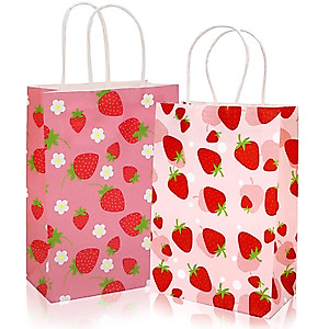 Generic AnyDesign 24Pcs Strawberry Paper Gift Bags with Handles Red Pink Strawberry Party Favor Bags Cute Goodie Candy Treat Bag for Berry Sweet Baby Shower Birthday Wedding Party Supplies