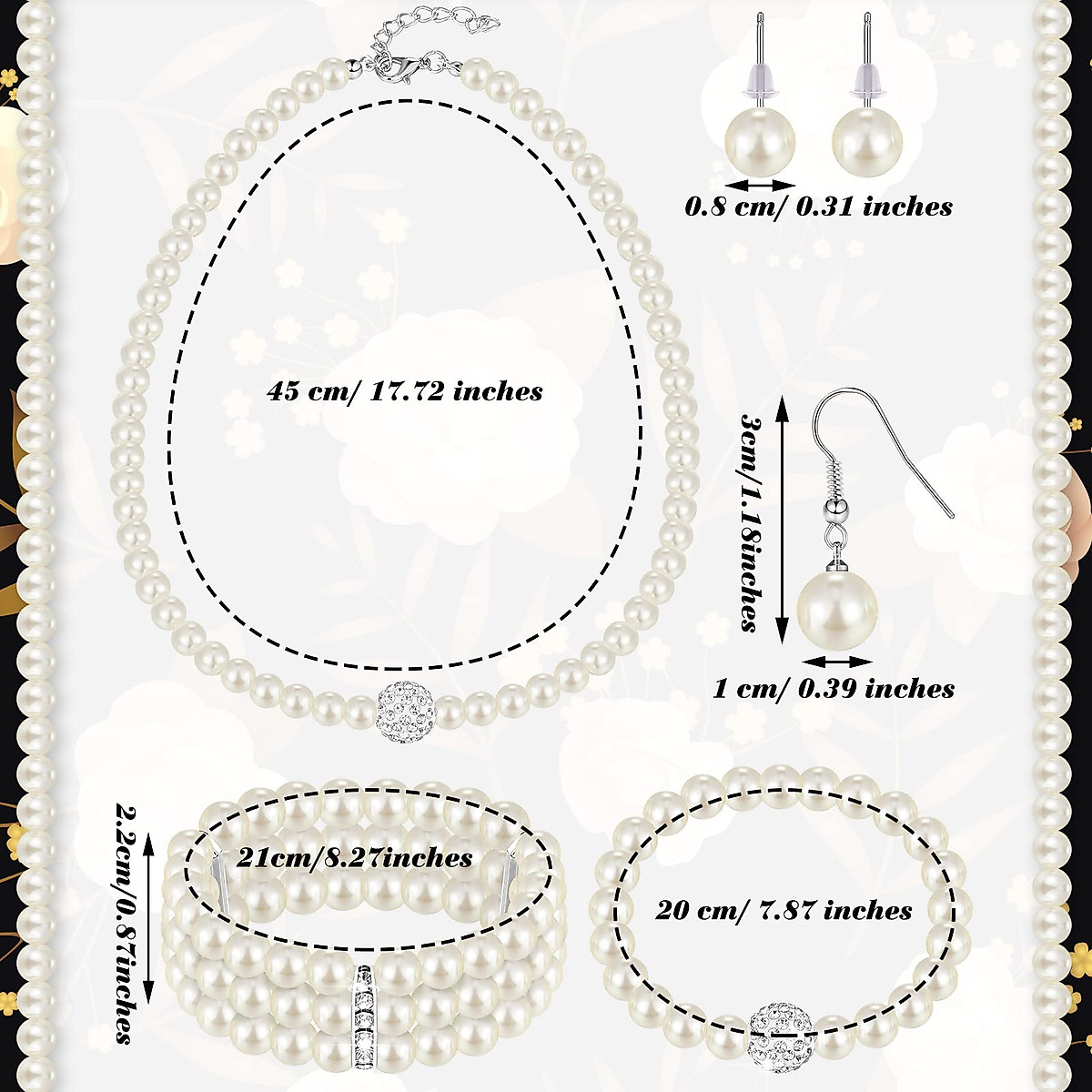 Glenmal Pearl Rhinestone Jewelry Set for Women Wedding Necklace Bracelet Earrings for Halloween Birthday Tea Party(Elegant Style)