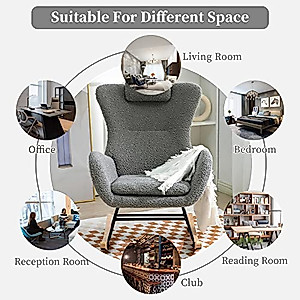 NIOIIKIT Nursery Rocking Chair, Comfy Accent Chair Padded Seat with High Backrest Armchair, Teddy Upholstered Glider Rocker Rocking for Nursery, Living Room, Bedroom (Grey)