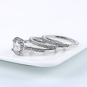 Jude Jewelers Silver Rose Gold Three-in-One Wedding Engagement Bridal Halo Ring Set (Silver, 9)