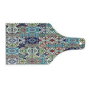 Lunarable Moroccan Cutting Board, Patchwork Pattern from Colorful Moroccan Tiles Traditional Illustration, Decorative Tempered Glass Cutting and Serving Board, Wine Bottle Shape, Navy Blue Dark Orange