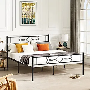VECELO Full Size Bed Frame Metal Platform with Headboard/Steel Slat Support/No Box Spring Needed/Easy Assembly