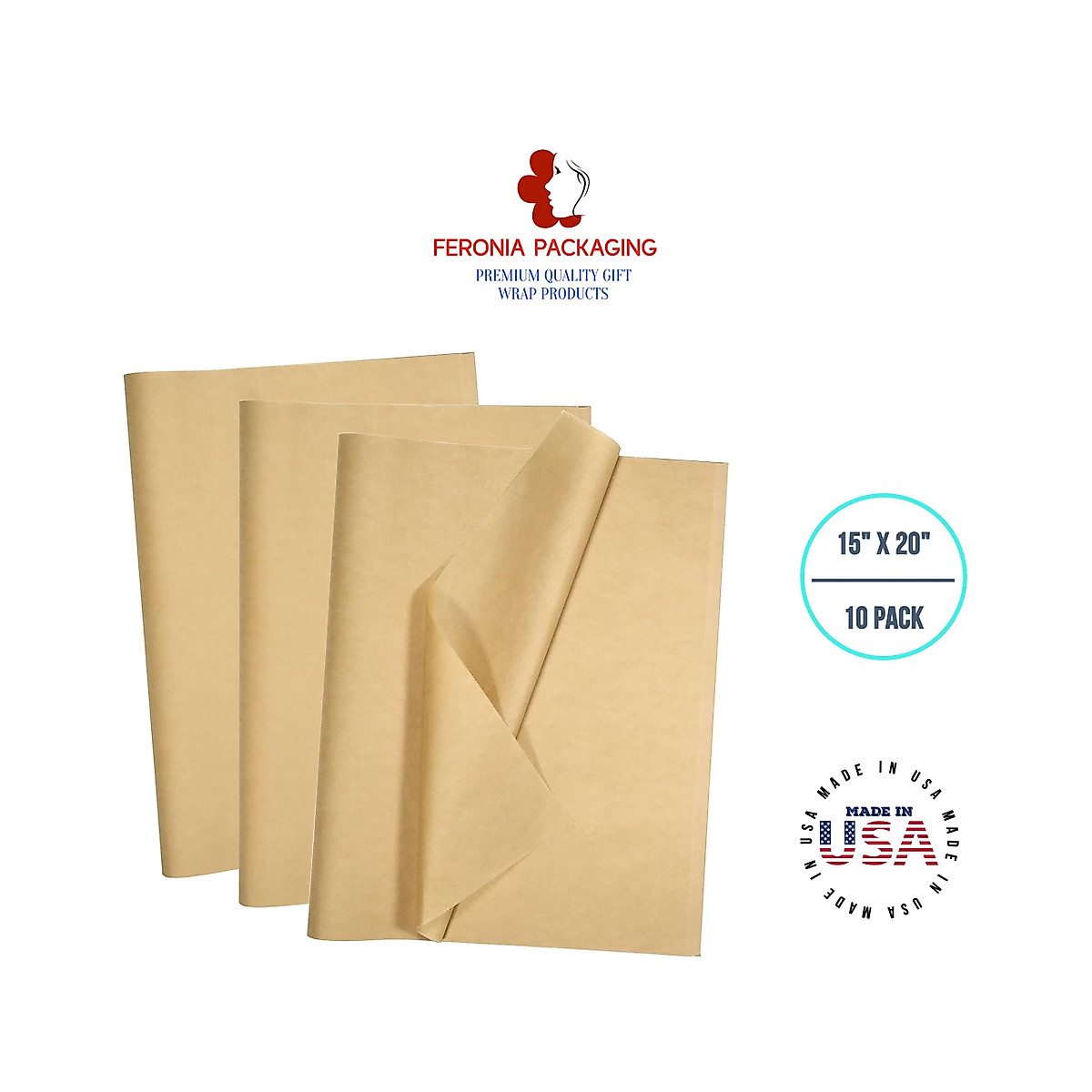 Gift Wrap Tissue Paper 10 Sheets, Premium Gift Wrap and Art Supplies for Birthdays, Holidays, or Presents by Feronia packaging, Large 15 Inch x 20 Inch Made in USA (Solid Kraft)