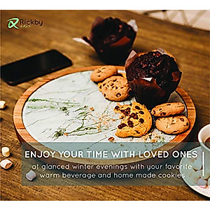 12" Acacia Wood Lazy Susan Turntable for Table Top With Removable Marble Texture Glass Plate for Dining Table Turntable Wooden Lazy Susan for Countertop