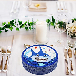 40Pcs Shark Party Supplies Blue Ocean Shark Paper Plates Blue Ocean Tableware Set 7"Ocean Animal Shark Dessert Plates for Under the Sea Themed Boy Baby Shower Blue Ocean Shark Party Decoration(Shark)