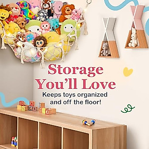 Lilly's Love Stuffed Animal Macrame Hammock w/String Lights | Large Boho Style Rope Net Holder for Kids Toys | Hanging Corner Nursery Storage Organizer for Your Plushie Pets (White)