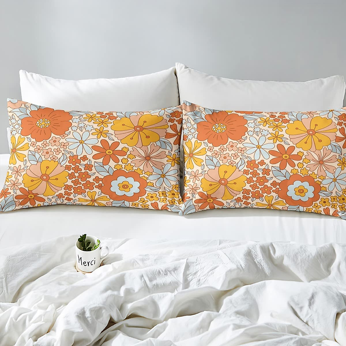 Retro 70s 60s Floral Hippie Duvet Cover Set King Size,Summer Groovy Flowers Comforter Cover with 2 Pillowcases,Boho Plant Modern Bedding Set for Adult Young Bedroom Xmas Gift