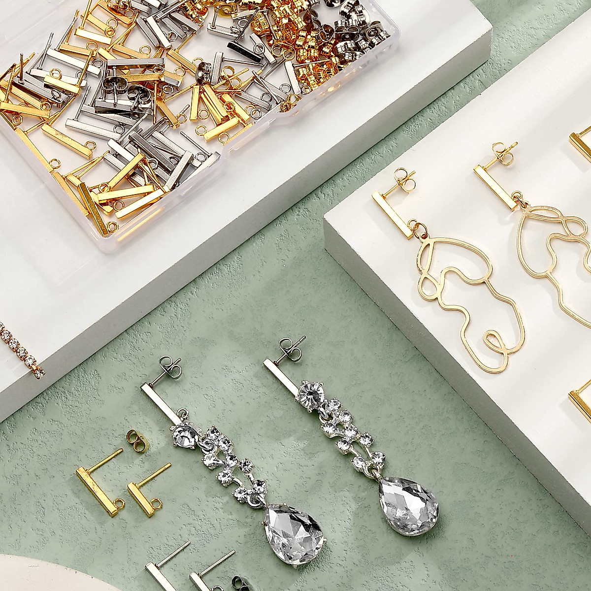 Hinly 80 Pieces Stainless Steel Earring Posts Stud Earring with Loop 80 Pieces Ear Nut Bar Pierced Post for DIY Jewelry Making, 2 Sizes(Silver, Gold)