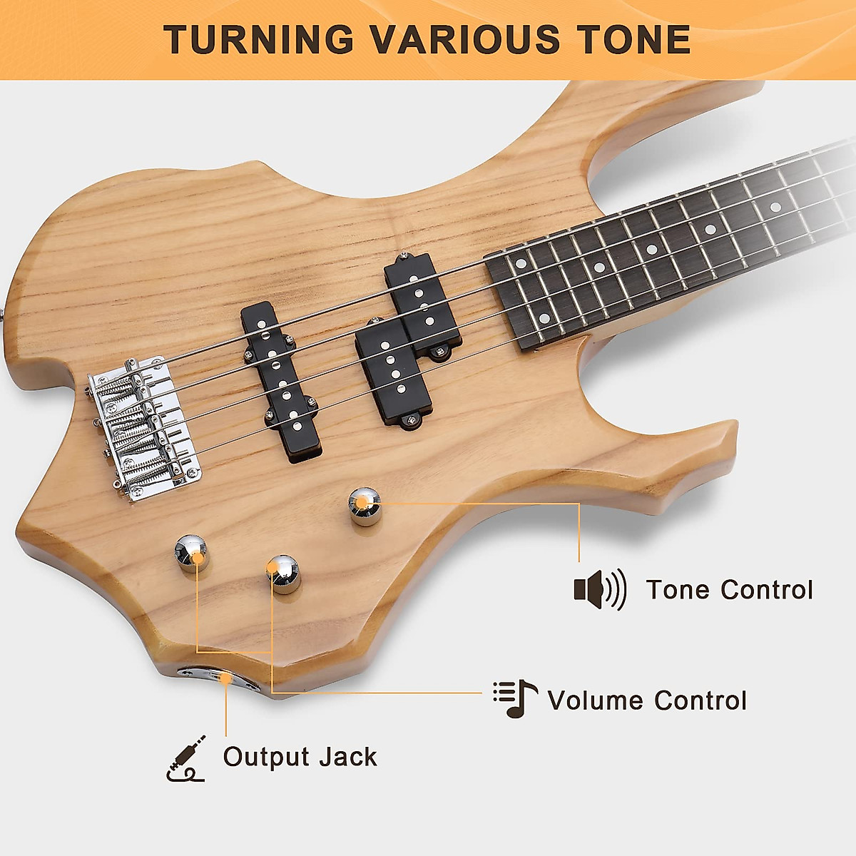 GLARRY Electric Bass Guitar 4 Strings Buring Fire Style Full Size for Beginner Right Hand with Bag, Strap and Accessories (Burlywood)