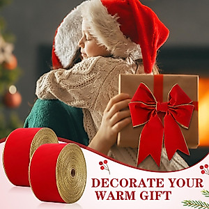 Giegxin 2 Rolls 100 Yard Christmas Velvet Ribbon Wired Gold Edge Ribbon Xmas Gift Wrapping Ribbon for Christmas Crafts Arrangement Decoration(Red and Gold, 4 Inch x 50 Yard)