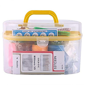 Sewing Supplies Set Portable Sewing Kit Box Plastic Organizer Storage Box with Removable Interlayer for 10pcs Sewing Tools Including Needle Tape Measure Scissor Thimble(Yellow)