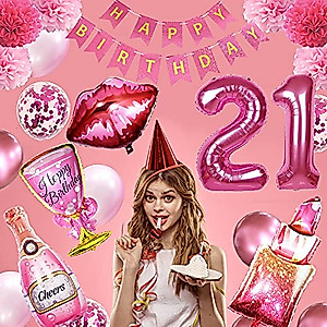 Crenics 21st Birthday Decorations for Her - Hot Pink Happy Birthday Banner, Pom Poms, 21 Number Balloon, Lipstick Champagne Balloons and 24 Latex Balloons for 21st Girls Women Birthday Party Supplies