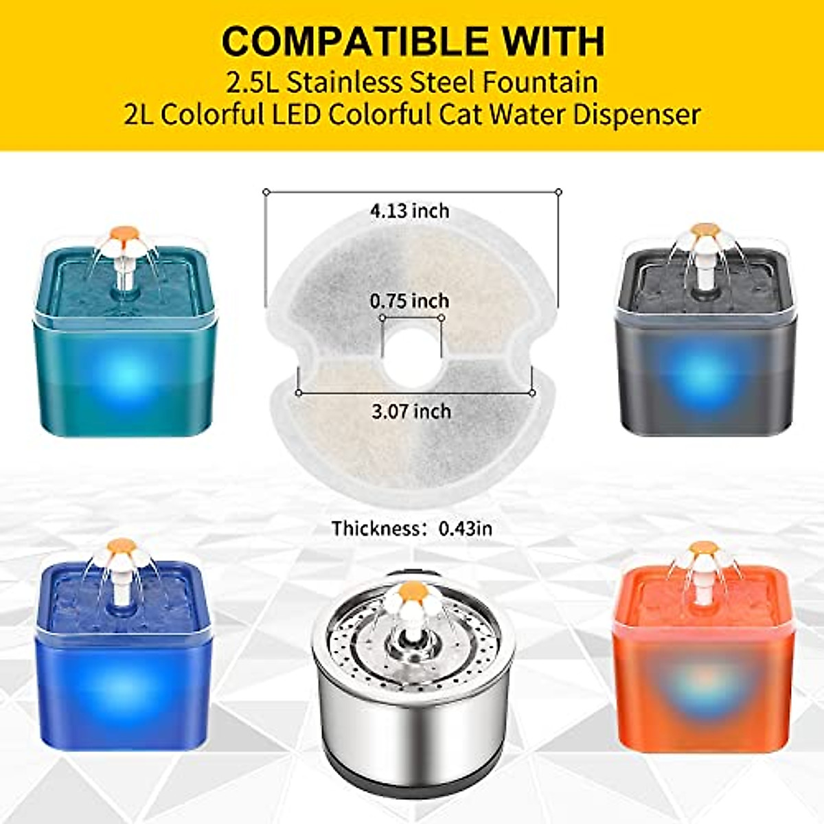 MyfatBOSS Cat Water Fountain Filter, 8 Pack Pet Fountain Filter Replacement for 84oz/2.5L Stainless Steel Cat Water Fountain 2L Colorful LED Pet Cat Dog Water Dispenser