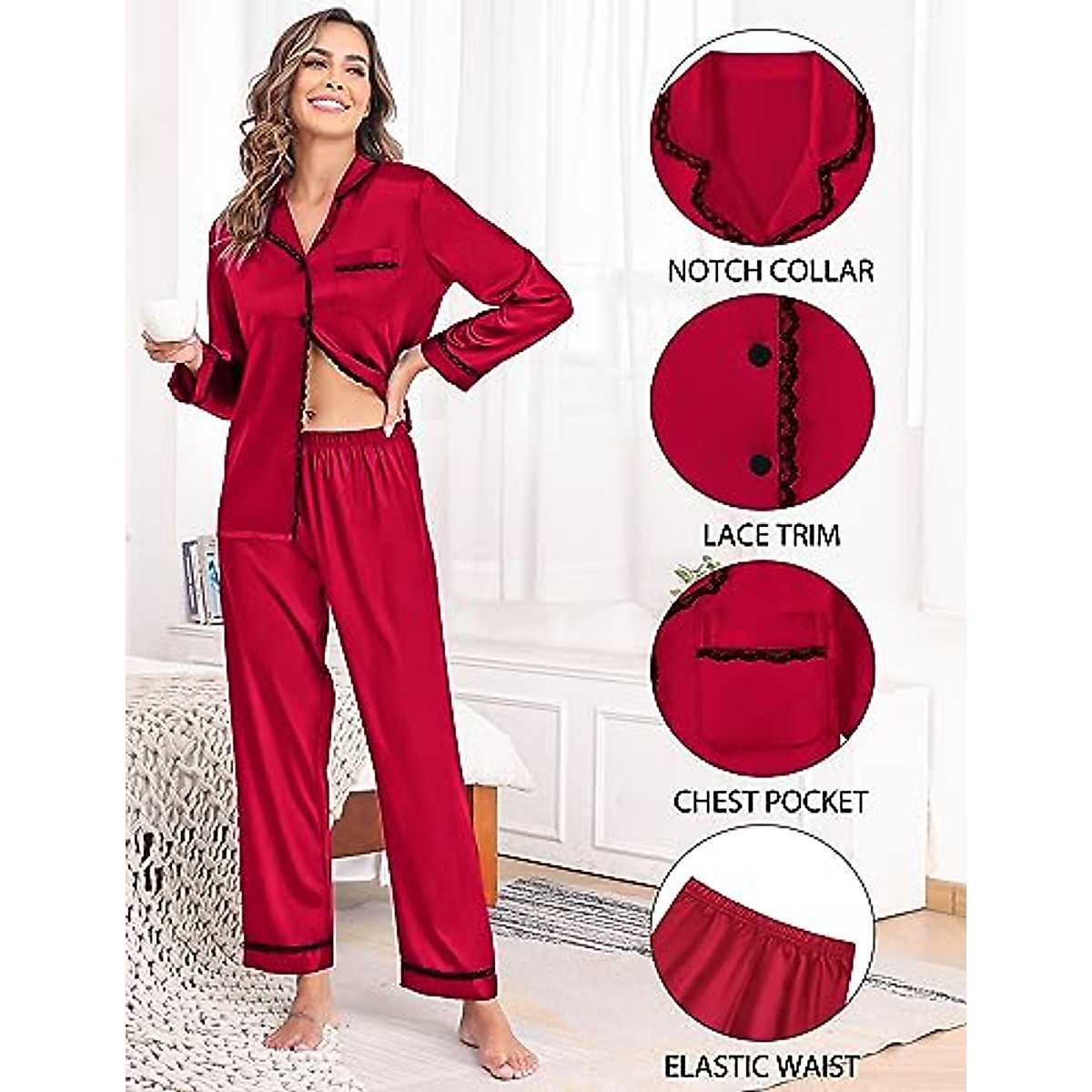 SWOMOG Womens Silk Satin Pajamas Silk Lounge Sets Two Piece Long Sleeve Button Up Shirts and Lounge Pants Set Comfy Soft Red