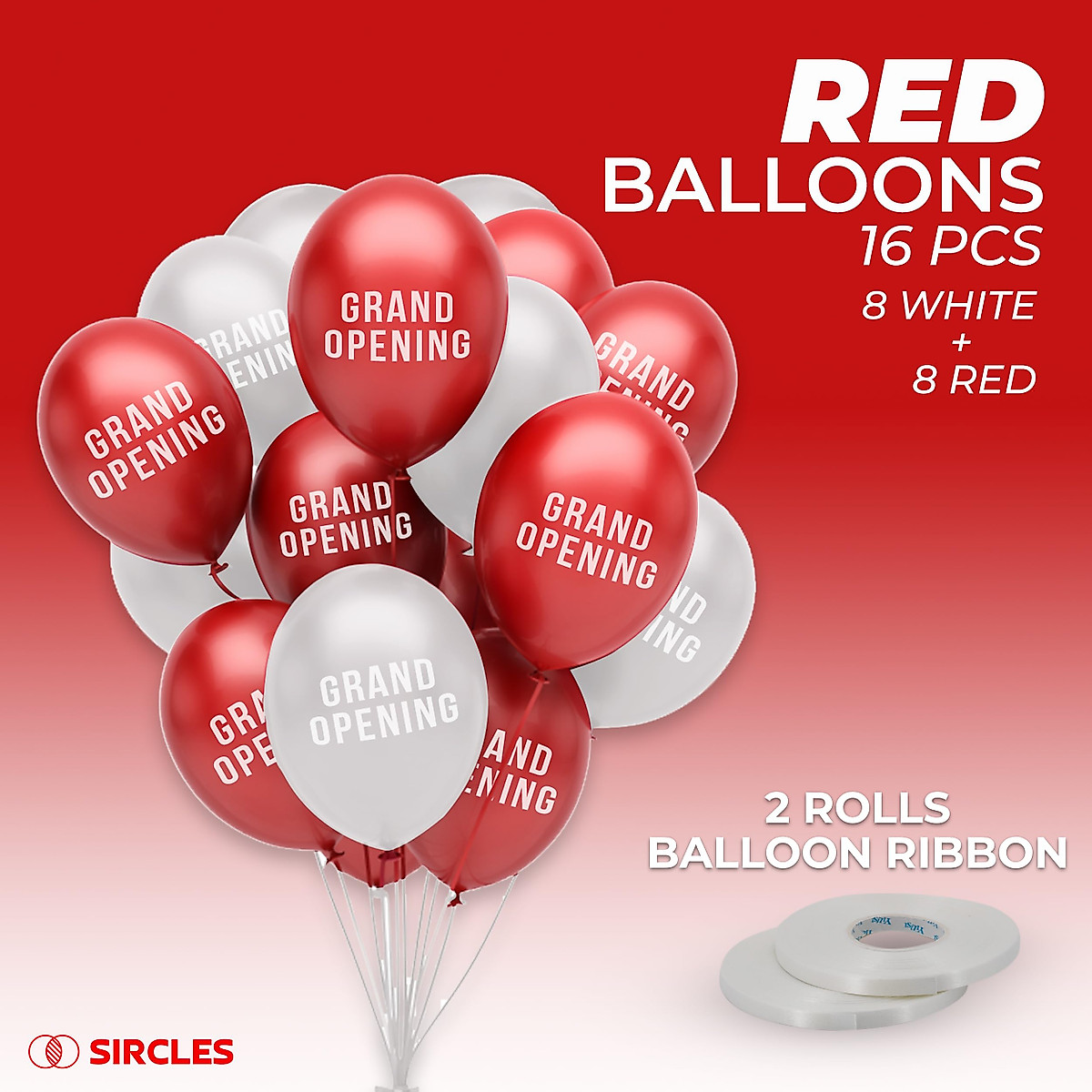 SIRCLES Grand Opening Ribbon Cutting Ceremony Kit - 25" Giant Scissors, 5yd of 4" Wide Ribbon, 10ft Banner, 8 Red & 8 White Balloons, 19 ft Banner Rope, 2 Rolls Balloon Ribbon - Grand Opening Kit