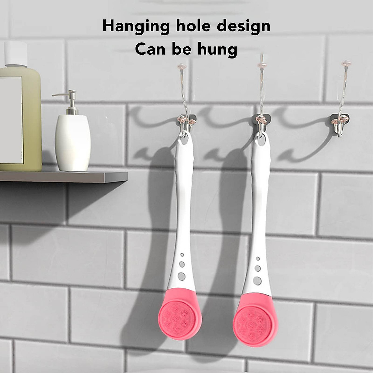 Electric Body Shower Brush, USB Rechargeable Exfoliating Shower Brush for Deep Cleaning, Waterproof Silicone Bath Shower Scrubber with Long Handle, Home Beauty Salon Massage Bath Brush Pink