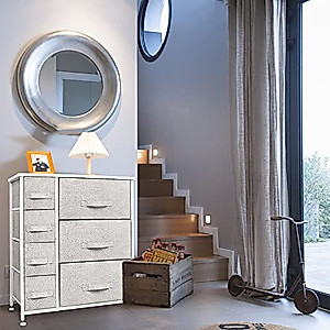 CONNOO 7 Drawer Dresser Storage Tower, 4-Tier Vertical Organizer Unit Chest for Bedroom, Hallway, Entryway, Closet, Nursery, Sturdy Steel Frame, Wooden Top, Easy Pull Fabric Bins, Gray/White