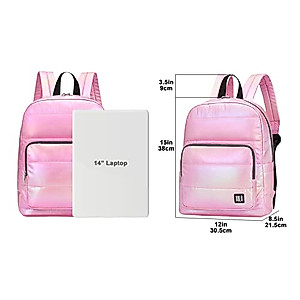 GBLQ PLUS Iridescent Backpack 15 Inch, Super Lightweight Ultra Soft Nylon Shiny Fabric Quilted Casual Daypack Pink