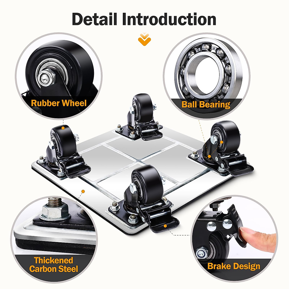 【Upgrade with Brake】 Furniture Dolly, Furniture Movers with 4 360° Rotatable Rubber Universal Wheels, Carbon Steel Panel Heavy Duty Moving Base Tools with Brake & Lifter, Maximum Load 3000LBS
