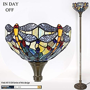 WERFACTORY Tiffany Floor Lamp Sea Blue Yellow Stained Glass Dragonfly Light 12X12X66 Inches Pole Torchiere Standing Corner Torch Uplight Decor Bedroom Living Room Home S128 Series