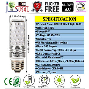 JSVSAL LED Black Lights Bulb Dimmable,10W Blacklight 100W Equivalent, AC 85-265V E26 Medium Base,UVA Level 395-400nm,Glow in The Dark for Body Paint,Blacklights Party,Fluorescent Poster (2-Pack)