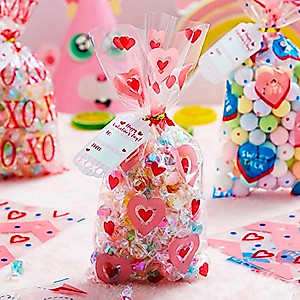 JOYIN 150 Pcs Valentine Gift Bags Long Cellophane Bags with Gift Cards and Twist Ties Valentine Goodies Bags for Valentines Day Party Favors Supplies