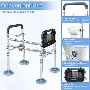 KingPavonini Toilet Safety Rail (400 LB) - Adjustable Foldable Toilet Safety Frame for Elderly and Disabled - Stand Alone Toilet Rails for Seniors with Storage Bag and Paper Holder - Fits Most Toilets
