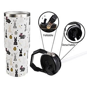 30oz Easter Tumbler with Handle and Straw, Black Rabbits Insulated Tumbler, Leak Proof Travel Coffee Mug, Reusable Stainless Steel Easter Egg Tumbler, Easter Gifts for Women (black white)