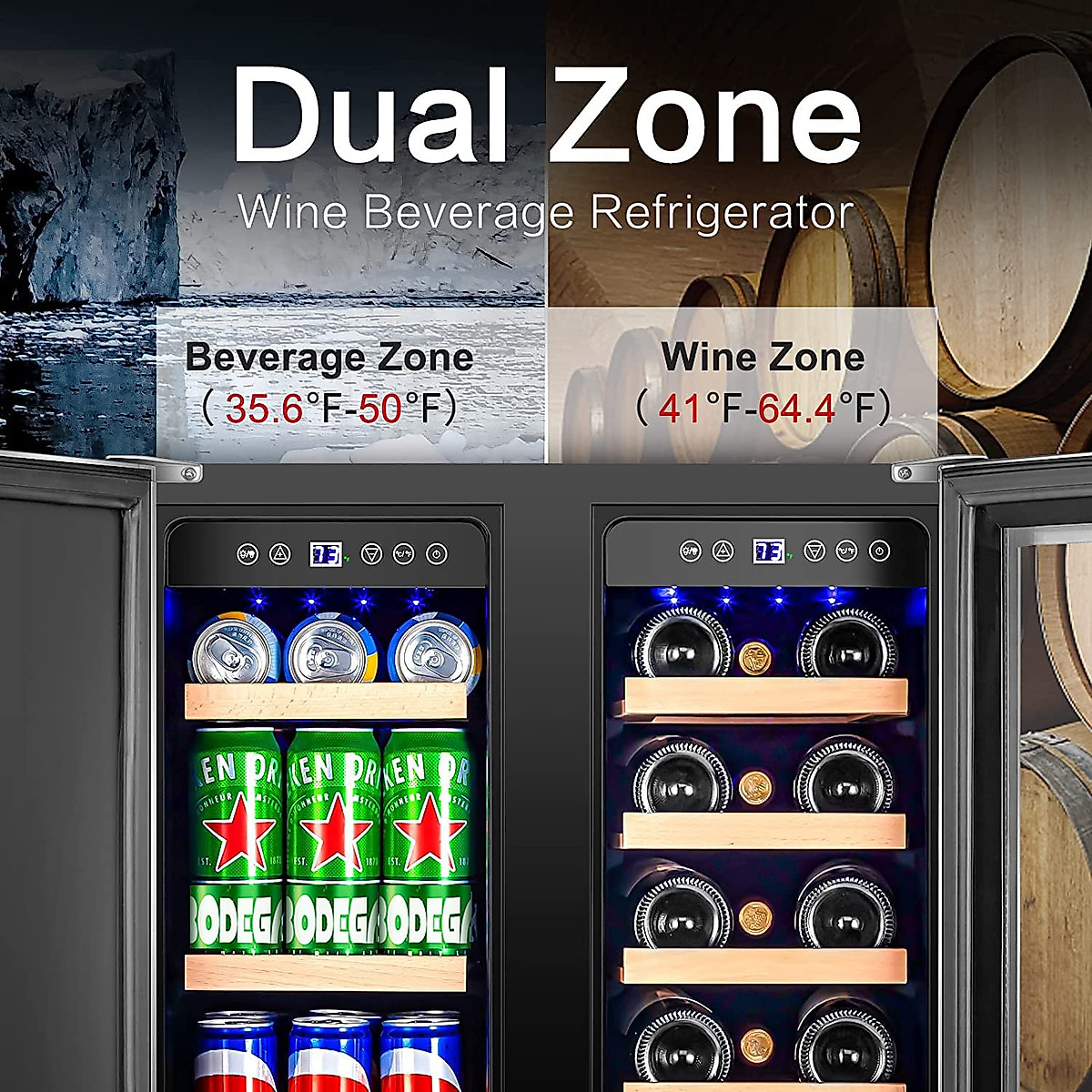 BODEGA 24 Inch Beverage and Wine Cooler, Built-in and Freestanding Wine Beverage Refrigerator Dual Zone, Holds 57 Cans and 18 Bottles, with Independent Temperature Control,Upgraded Compressor Quiet
