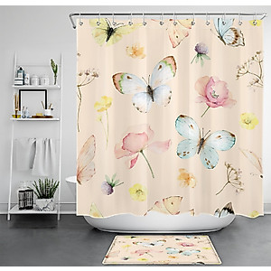 LB Watercolor Butterfly Shower Curtain Sets with Rugs Nature Pink Yellow Wildflower on Beige Fabric Shower Curtain with Hooks Country Vintage Botanical Bathroom Curtains Shower Set, 70x70 inches