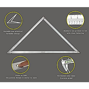Triangle Ruler 48 Inches Folding Aluminium Framing Square Construction Tools Combination Carpentry Squares in Framing Roofing Stair Work Woodworking Movable Right Angle 90°45 Degree Angle Ruler