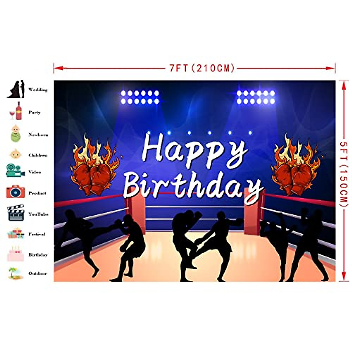 FHZON Boxing Birthday Backdrop Ring Blue Lights Photo Booth Wrestling Boxers Red Flame Gloves Banner Props Gym Decor Supplies Theme Party Live Background 7x5ft BJZZFH125