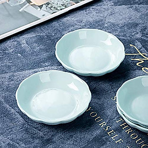 Sizikato 6pcs Light Blue Porcelain Snack Plates, 4-Inch Flower-Shaped Appetizer Plate Dipping Bowl.