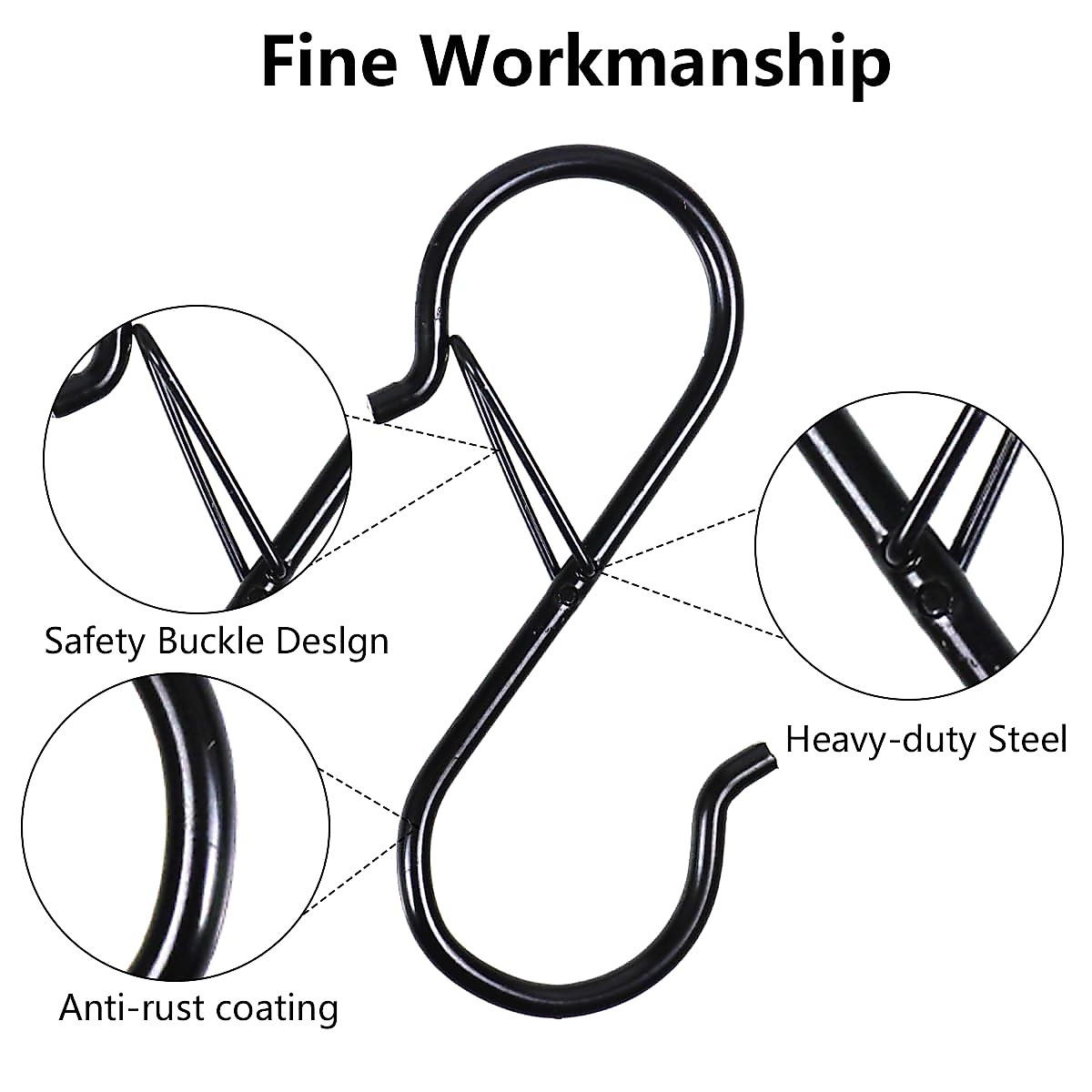 Larmstom 6 S-Hooks with Safety Clasps, Rustproof Coated S Metal Hooks for Hanging Plants, Kitchen Utensils, Jeans, Bags, Pots and Pans, 3.5-Inch, Black