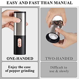 Electric Salt and Pepper Grinder Set, Automatic Pepper Mill with LED Light, Adjustable Coarseness, Battery Powered, One Hand Operated Refillable for Kitchen Resturant BBQ, Stainless Steel Black,2 Pack