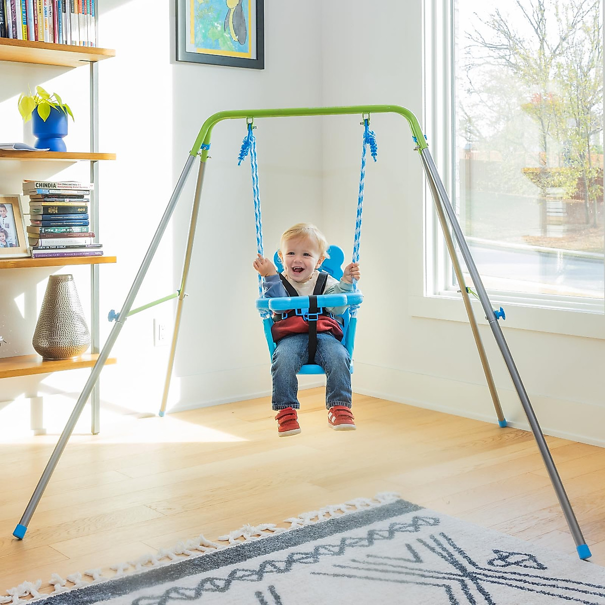 Sportspower My First Toddler Swing - Heavy-Duty Baby Indoor/Outdoor Swing Set with Safety Harness, Blue, 52"L x 55"W x 47"H