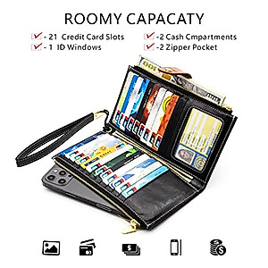 ANDOILT Wallet Women Men RFID Blocking Genuine Leather Bifold Multi Card Organizer Wristlet Purse with Zipper Pocket Cell Phone Handbag Black