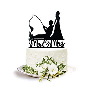 YzYbuaego Black Fishing Wedding Cake Topper, Mr & Mrs Wedding Cake Topper, Fishing Theme Wedding/Engagement/Bridal Shower/Anniversary Cake Decoration